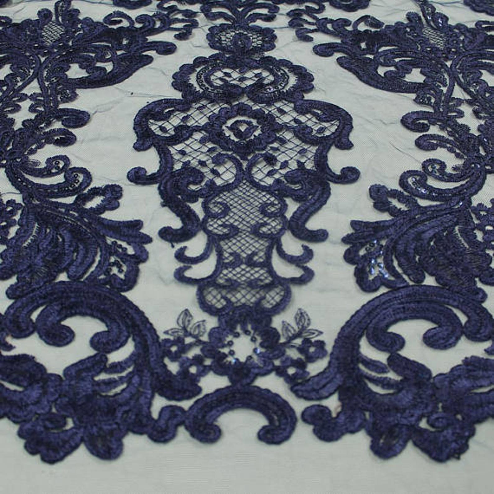 Vivian NAVY BLUE Polyester Embroidery With Sequins on Mesh Lace Fabric ...