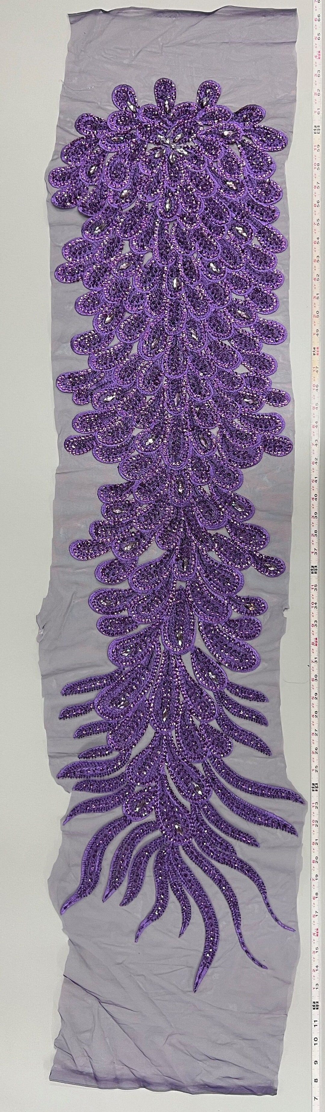 Angela PURPLE Vegas Peacock Beaded Sequins Embroidered on Mesh Lace ...
