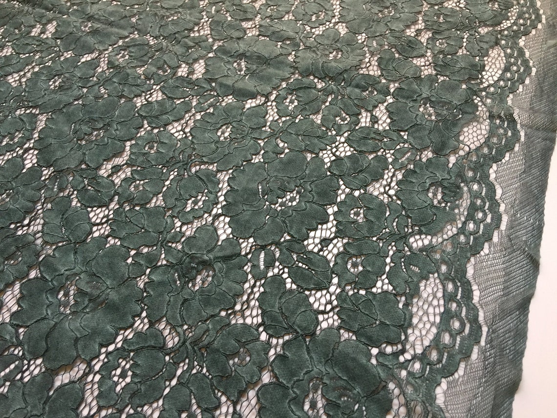 Summer HUNTER GREEN Floral Pattern Double Dyed Flat Lace on Mesh Fabric ...