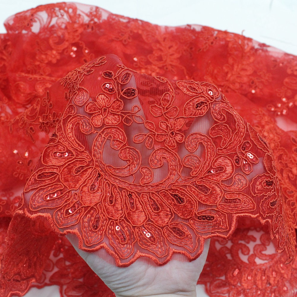 Melody RED Polyester Floral Embroidery With Sequins on Mesh | Etsy