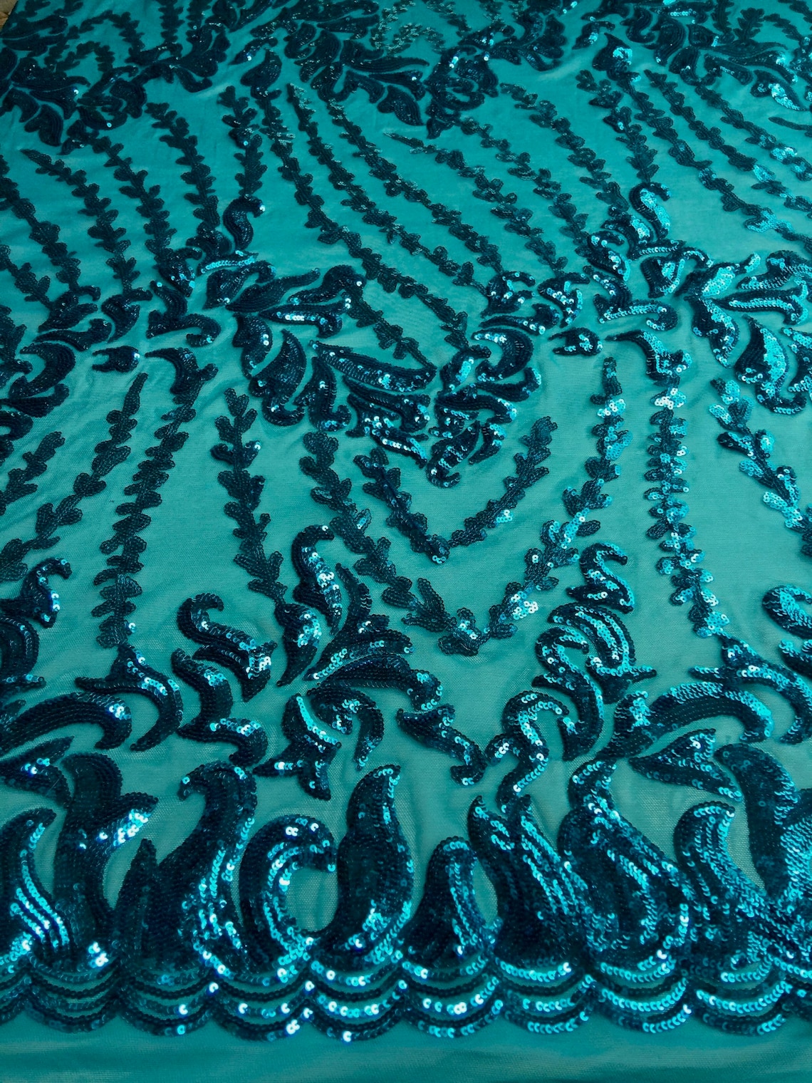 Miranda TEAL Vines and Leaves Sequins on TEAL Mesh Lace Fabric by the ...