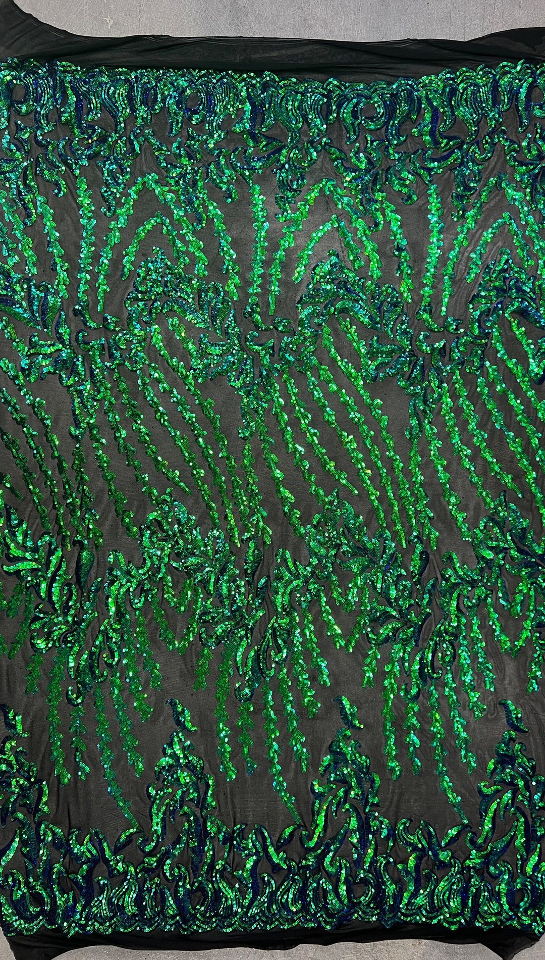 Miranda Iridescent GREEN BLUE Mermaid Vines and Leaves Sequins on BLACK ...