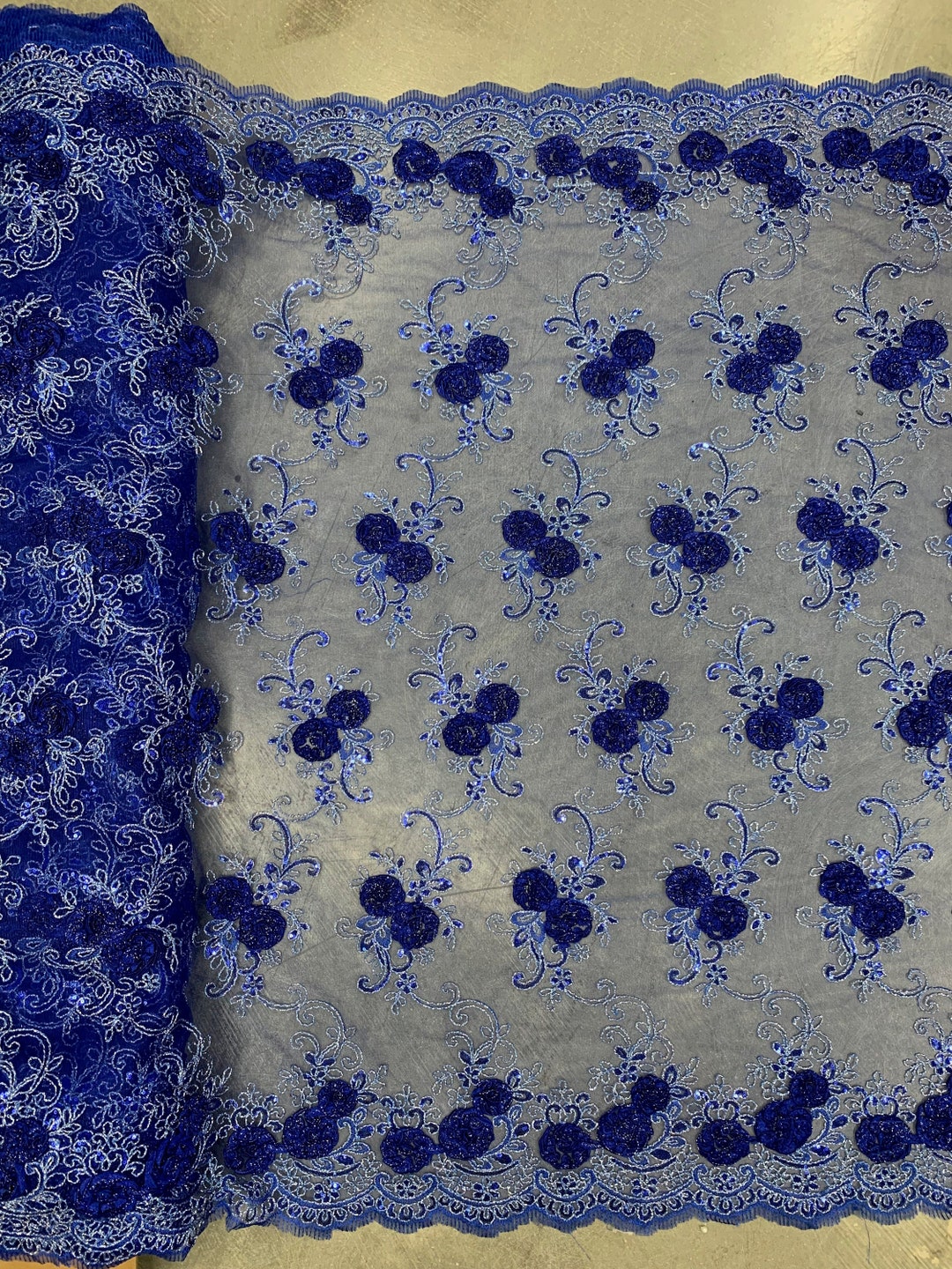 Ryleigh ROYAL BLUE 3D Floral Embroidery With Foil & Sequins on Mesh ...
