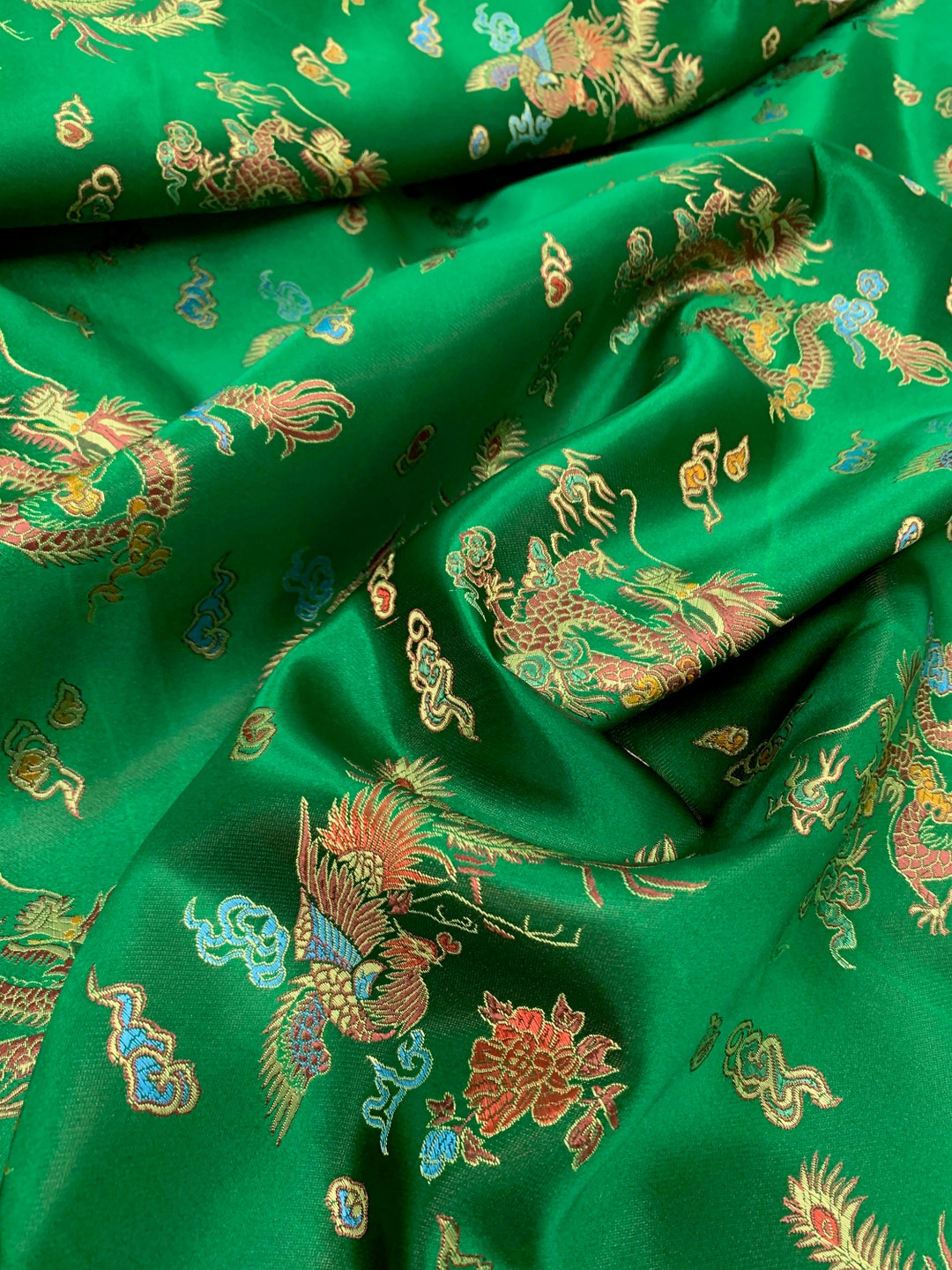 Hope GREEN Dragon Brocade Chinese Satin Fabric by the Yard - 10040 - Etsy