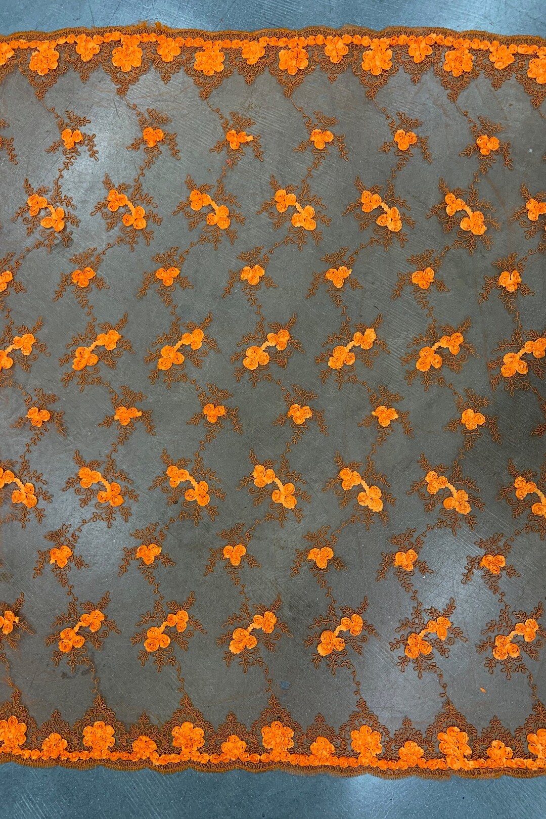 Andrea BRIGHT ORANGE 3-D Floral Matte Corded Embroidery on Mesh Lace ...