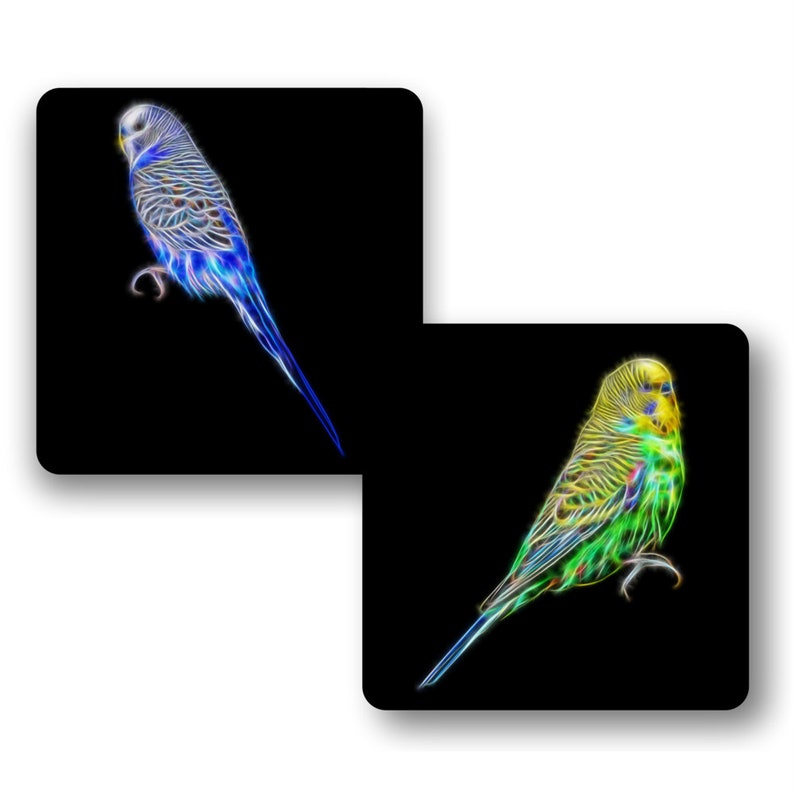Budgie Coasters, Set of 2, With Stunning Fractal Art Design. Blue and ...