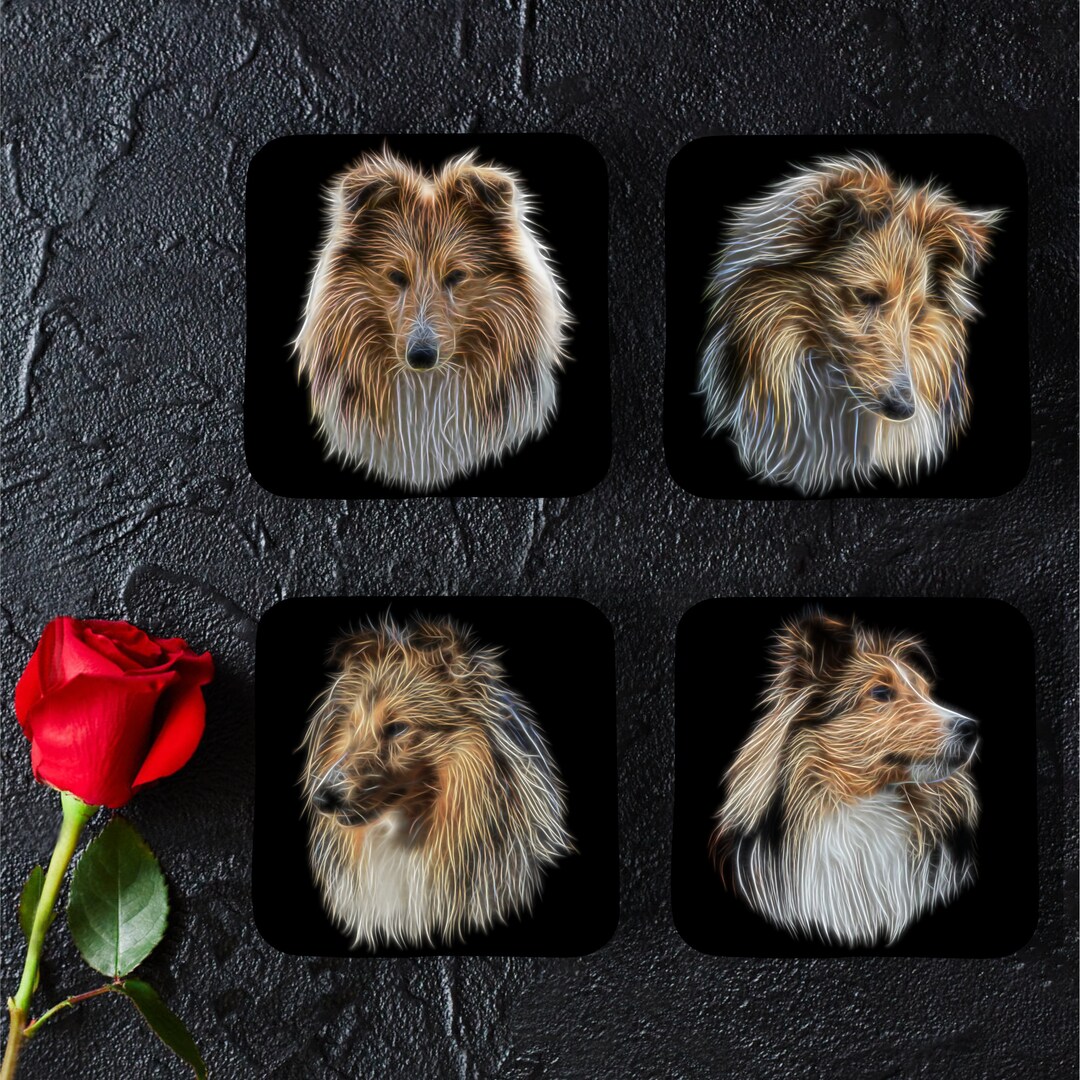 Shetland Sheepdog Coasters, Set of 4, With Stunning Fractal Art Design ...