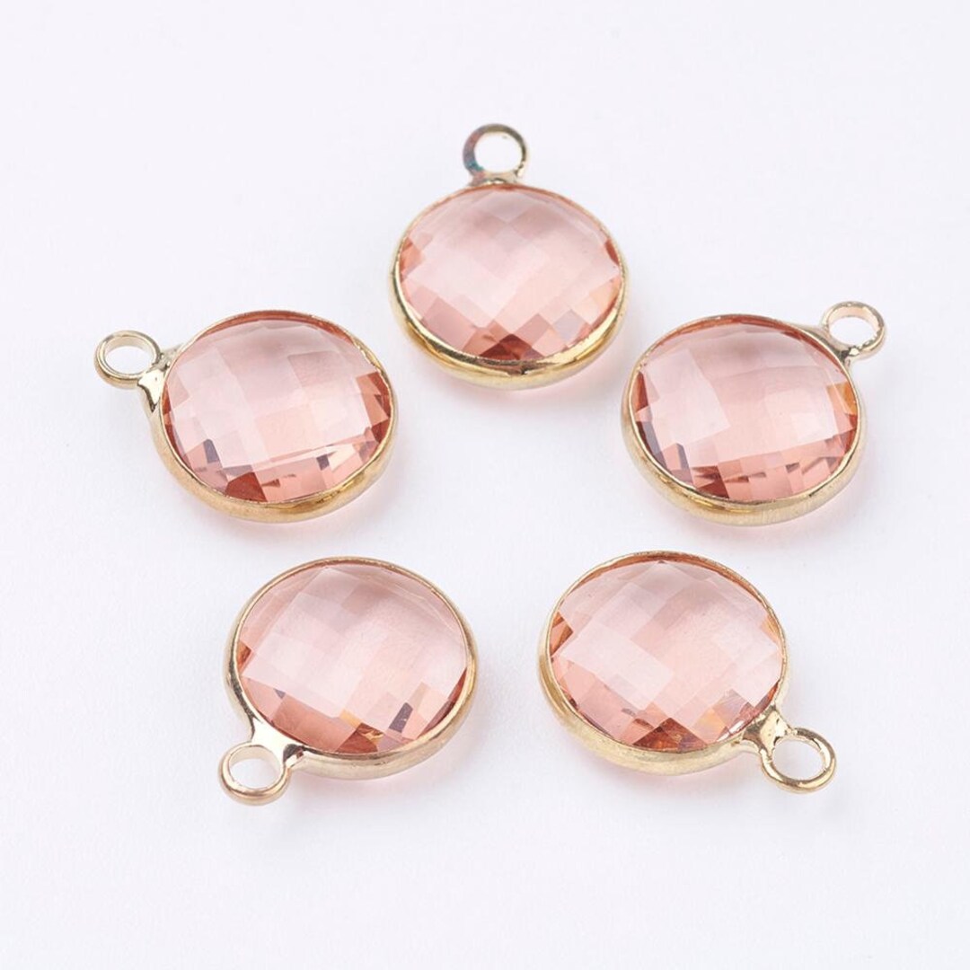 5 Pcs Glass Charms, Flat Round Faceted Charms, Peach & Gold Color Charm ...