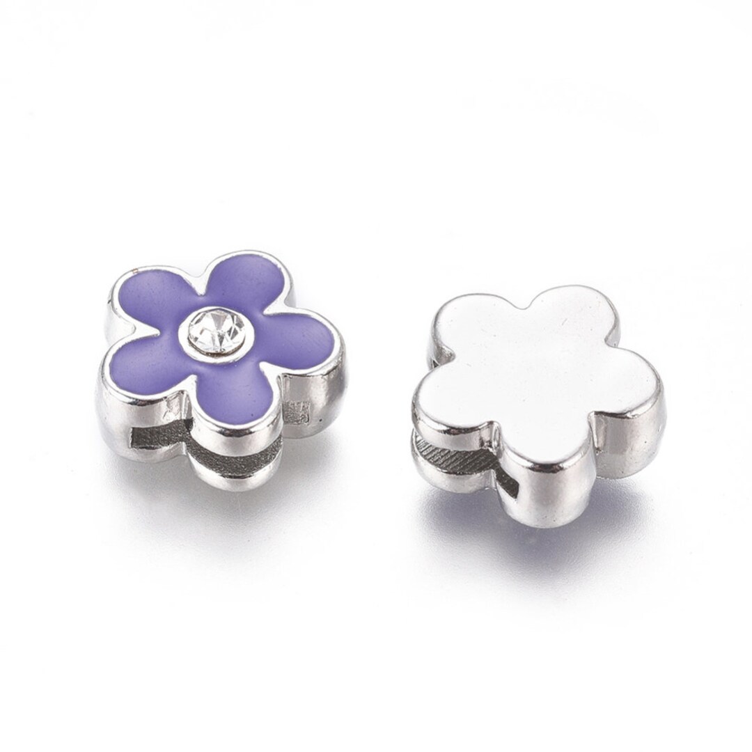 3 Pcs - Flower Enamel Slide Charms, Floating Charms, Purple and Silver ...