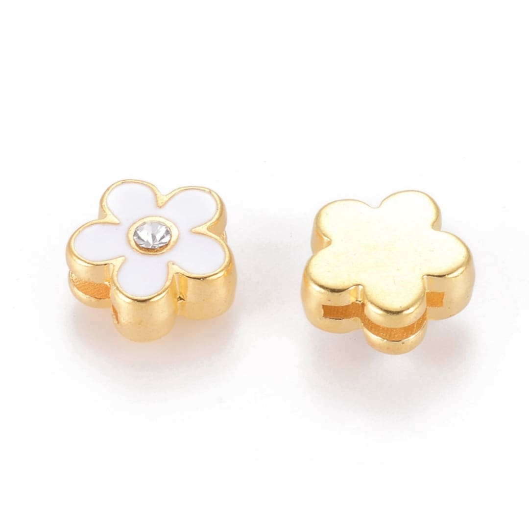 3 Pcs - Flower Enamel Slide Charms, Floating Charms, White and Gold ...
