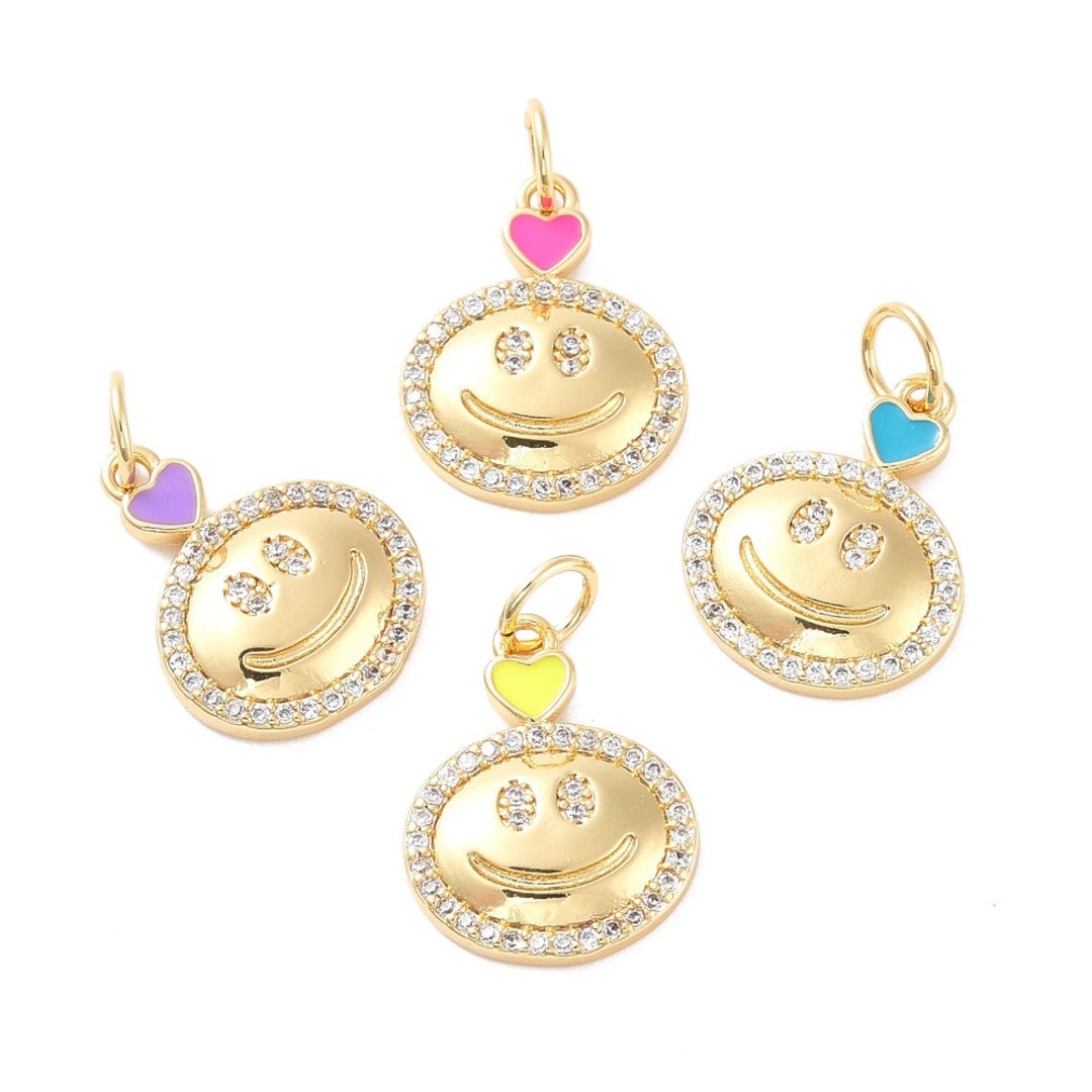 1pcs 18K Gold Plated Smiley Face Charm, Flat Round With Smiling Face ...