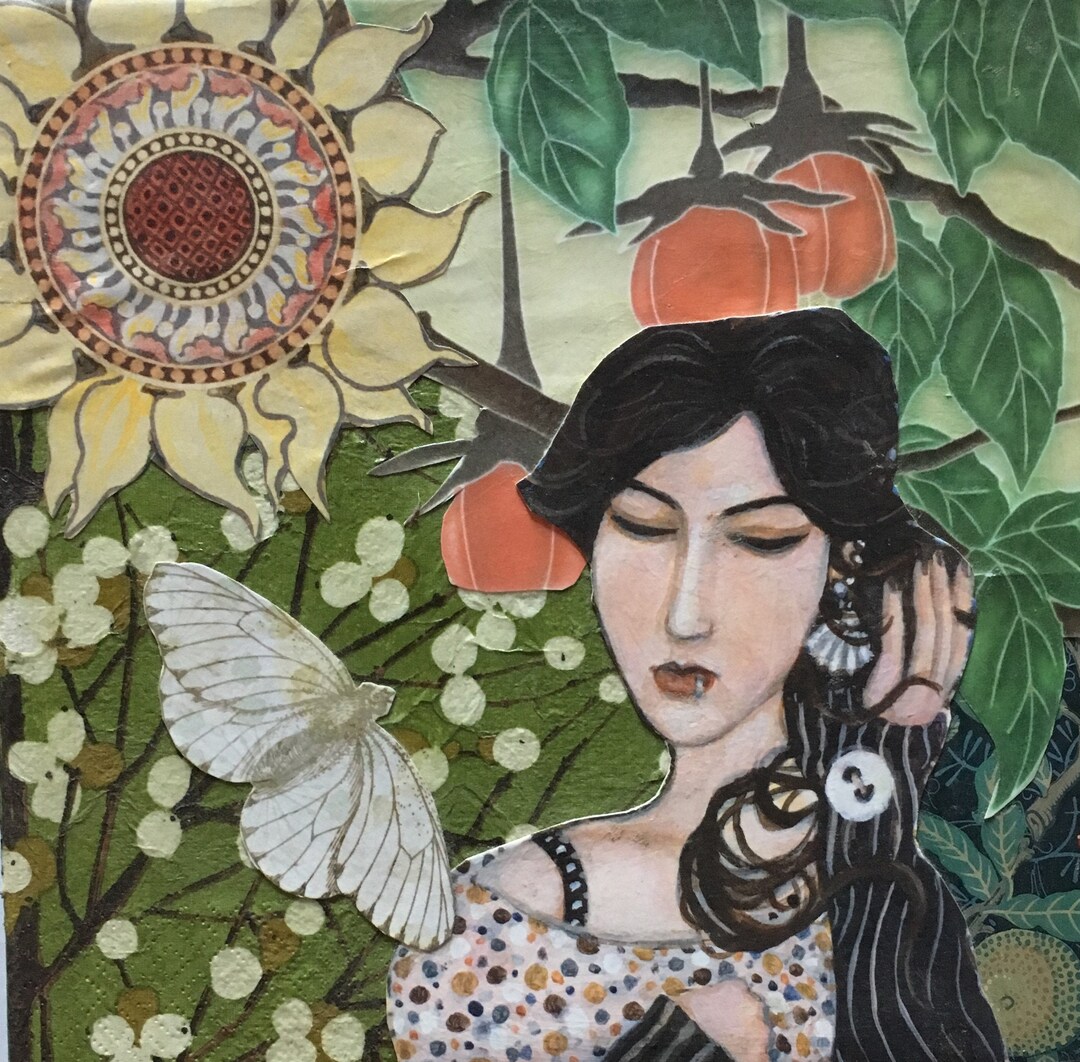 Handmade Collage/decoupage With Girl, Butterfly and Flowers - Etsy