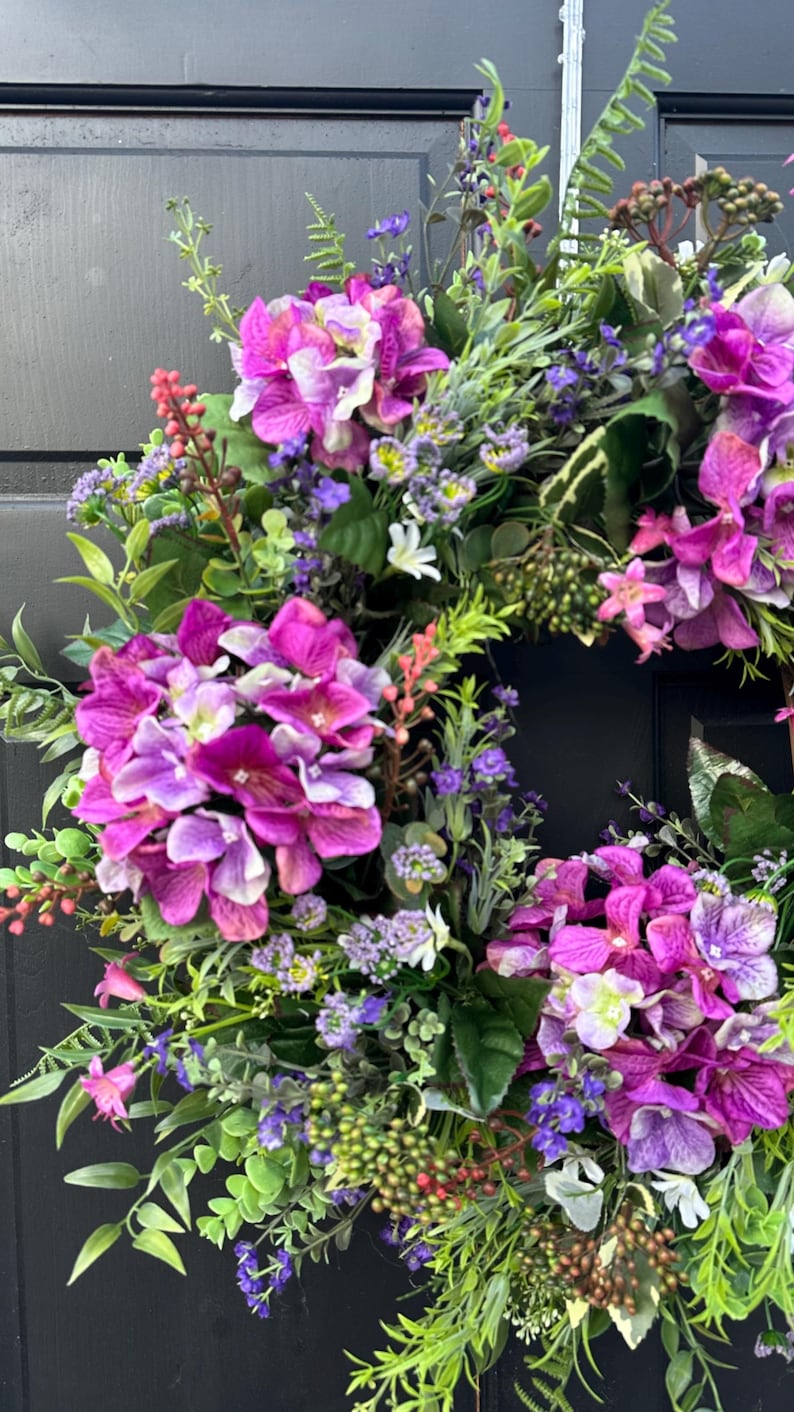 Hydrangea Wildflower Wreath- Purple Spring and Summer Door Decor Garden ...