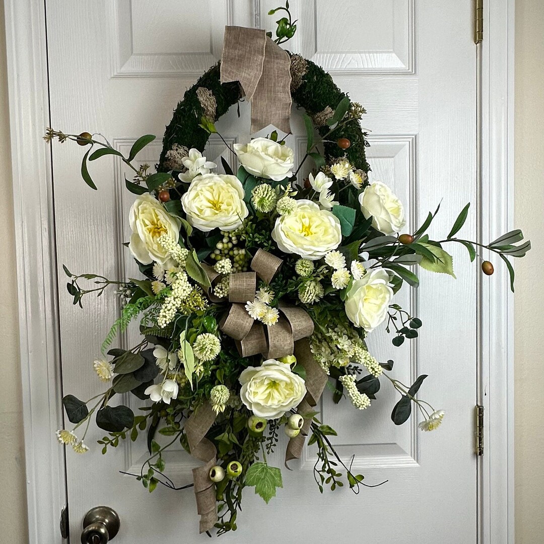 Moss Door Wreath, Cream Cabbage Roses With Olives and Acorns, Rustic ...