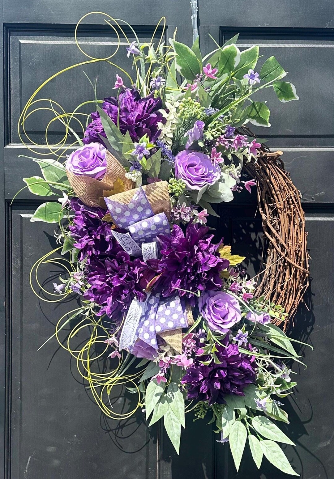 Purple Rose Dahlia Grapevine Wreath – Oval Spring Summer Door Decor - Etsy