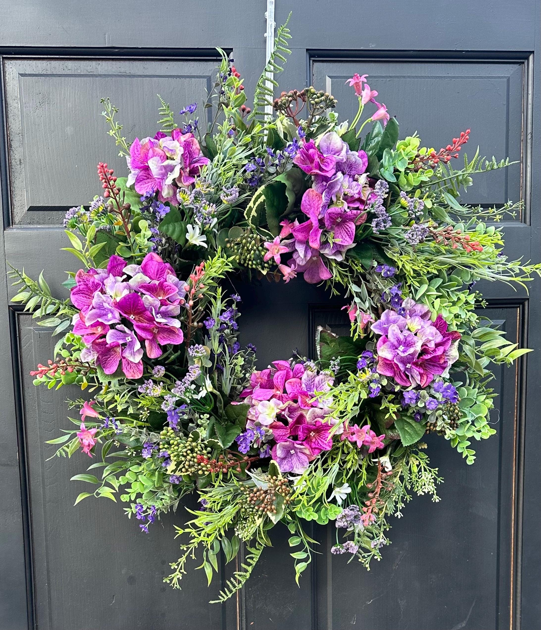 Hydrangea Wildflower Wreath- Purple Spring and Summer Door Decor Garden ...