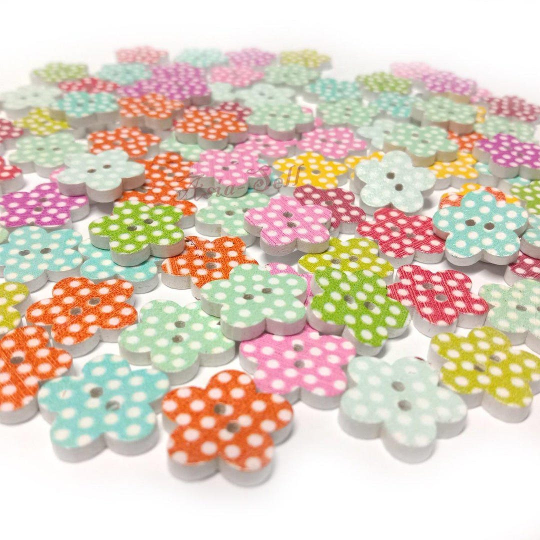 100pcs 2-hole Wooden Buttons Flower Designs White Backing Buttons Mixed ...