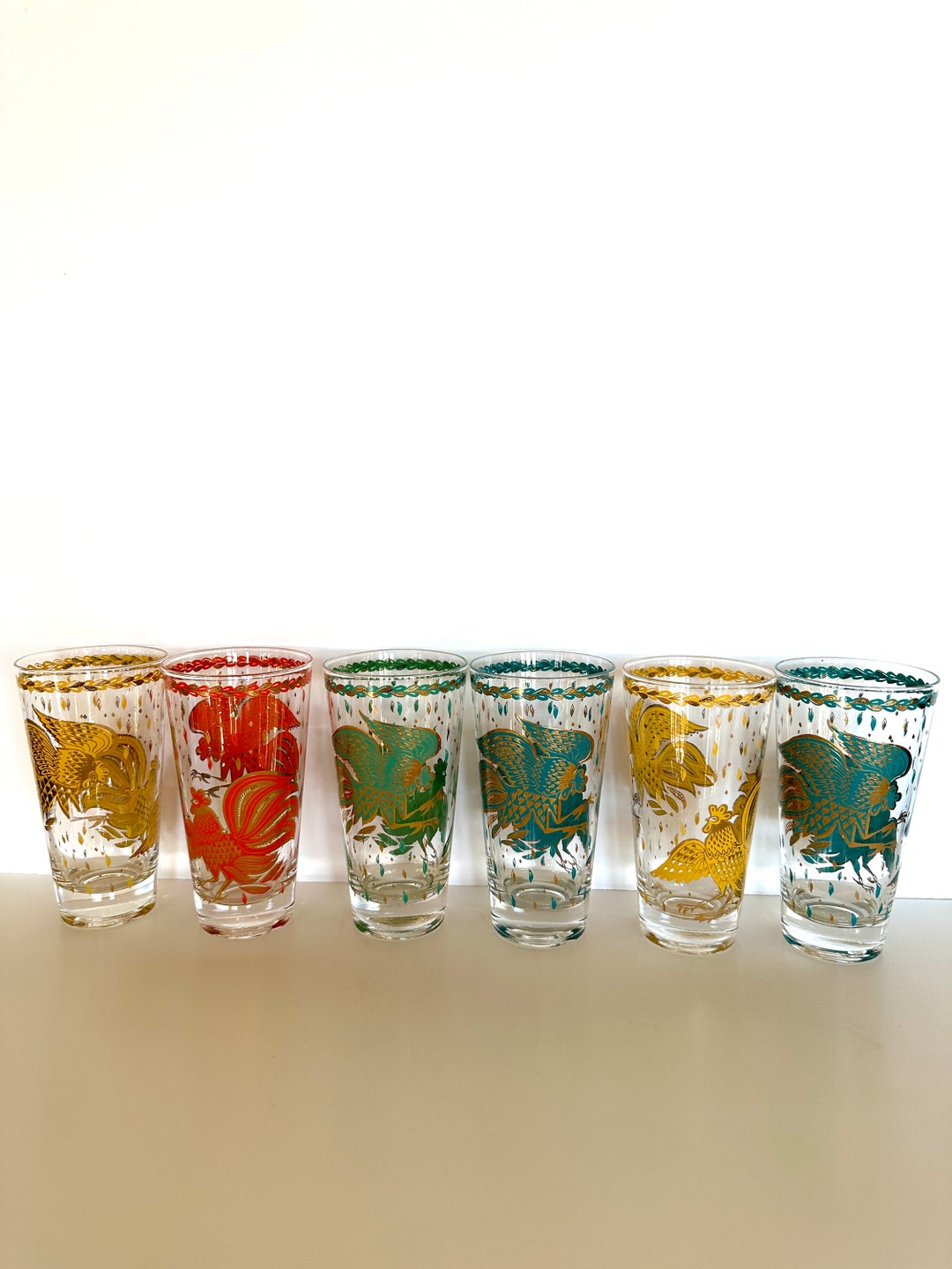 Mid Century Rooster Glasses (set of 6), Atomic Styled Roosters Glasses ...