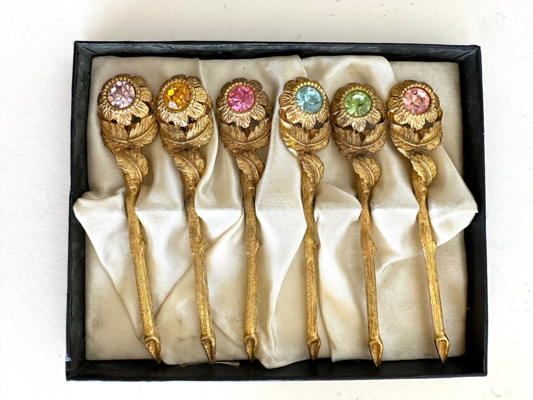 Gold Jeweled Cocktail Picks (in Original Box), Gold Flower Cocktail ...