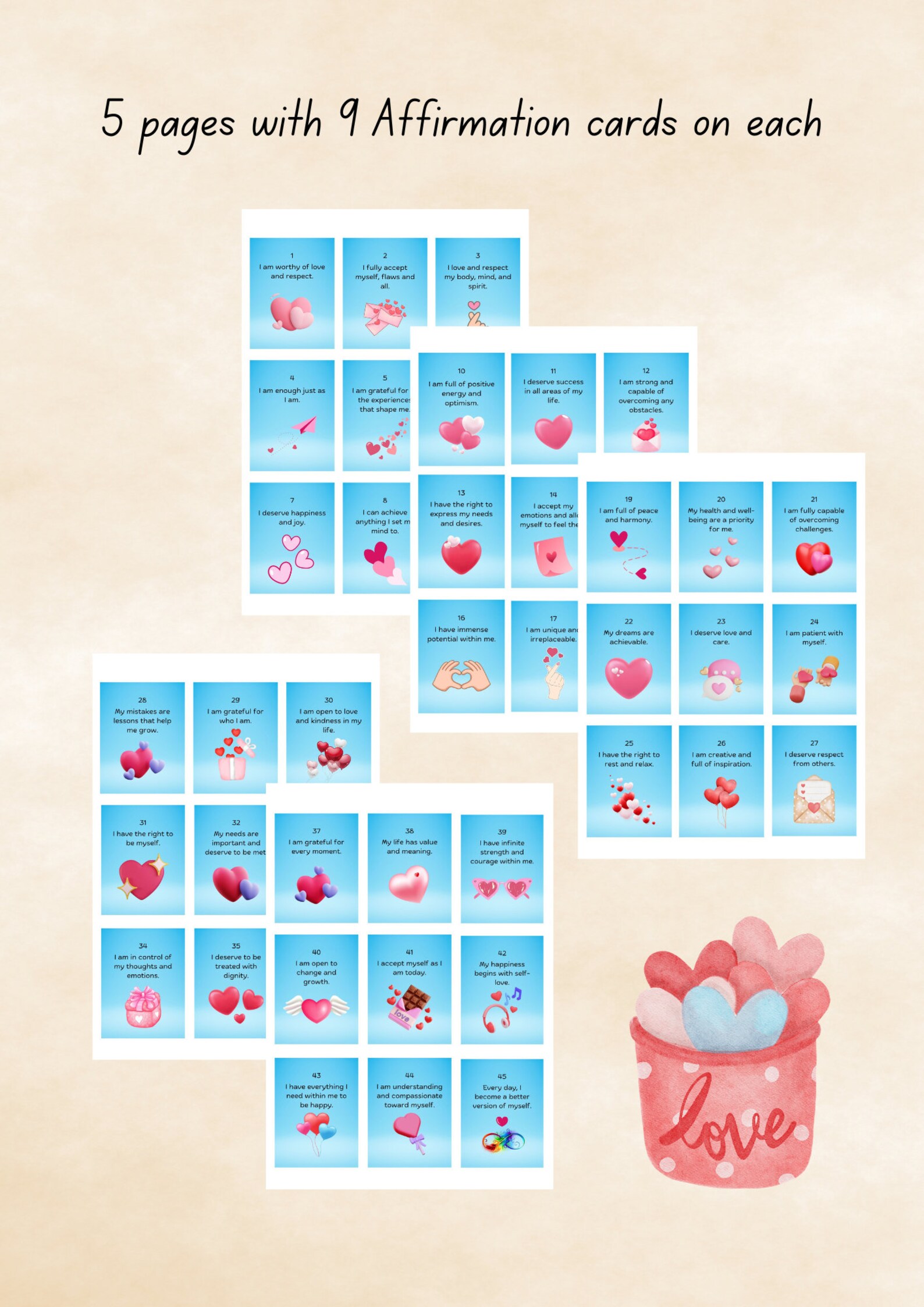 45 Self-love Affirmation Cards PDF Download Digital - Etsy