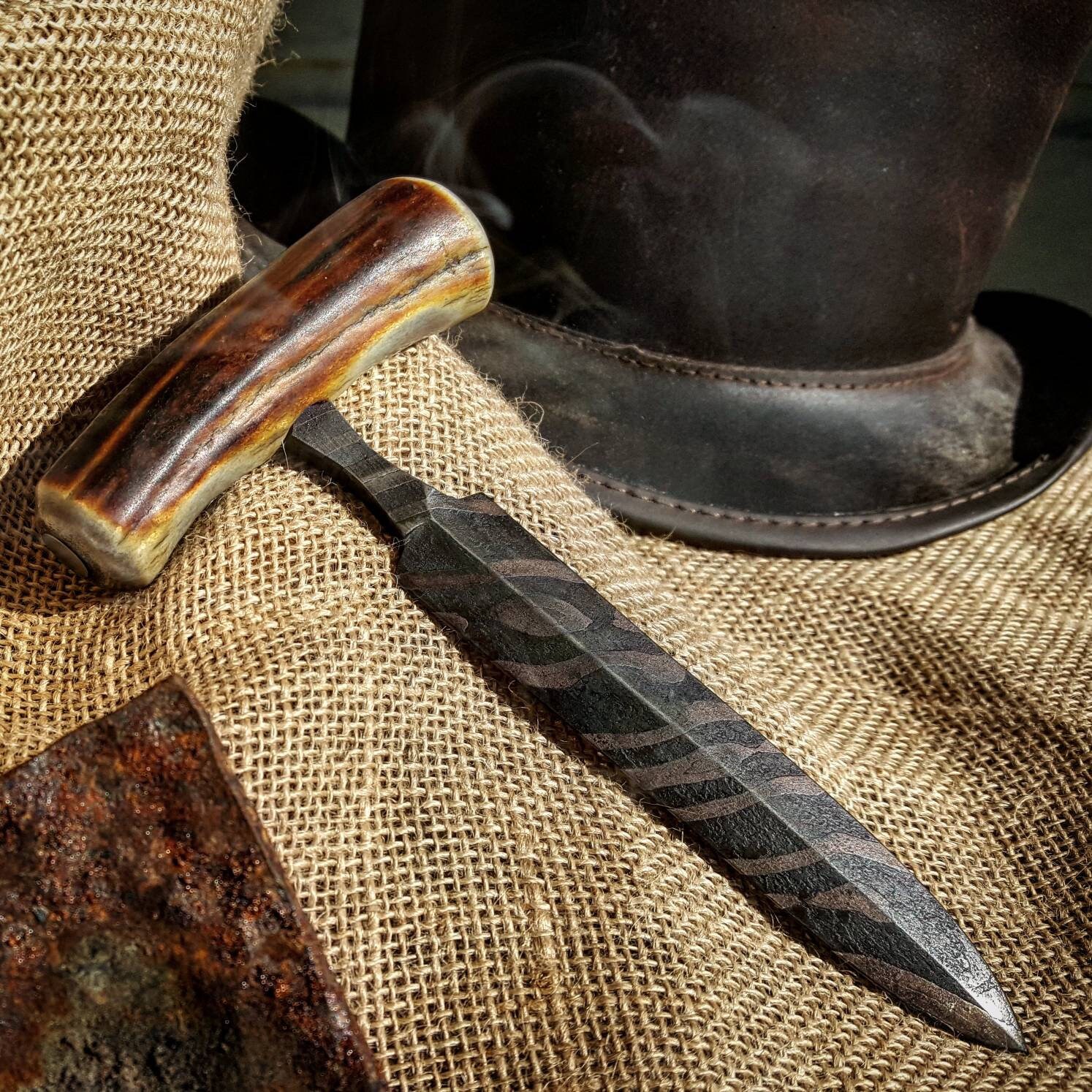 Medieval dagger with elk antler handle and copper etching | Etsy