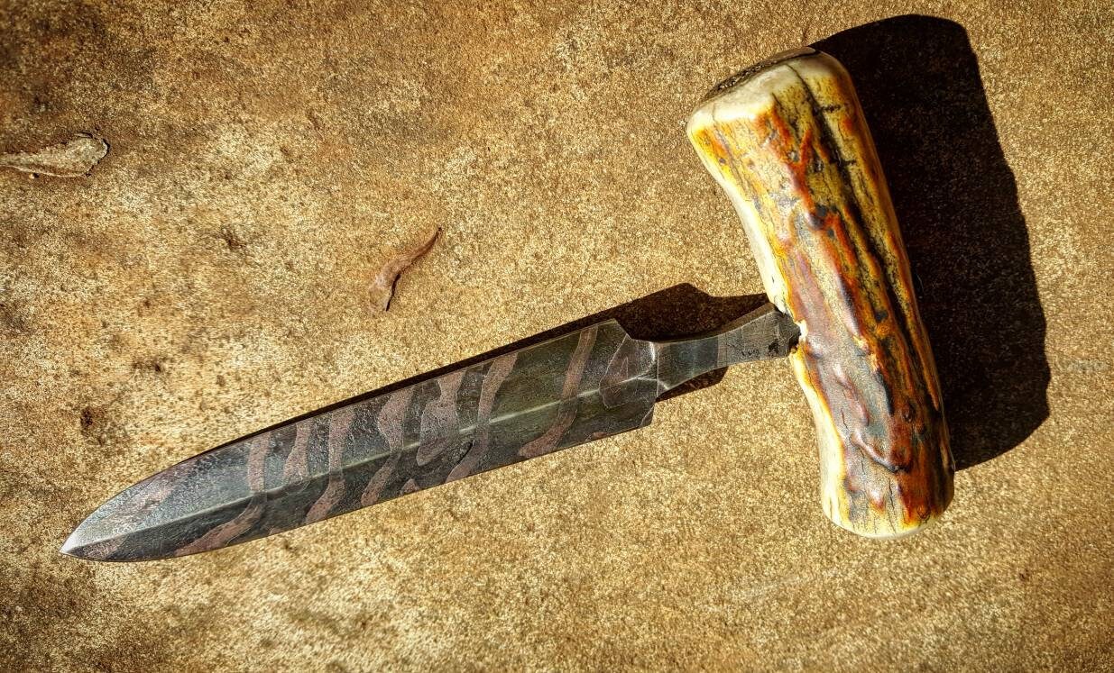 Medieval dagger with elk antler handle and copper etching | Etsy