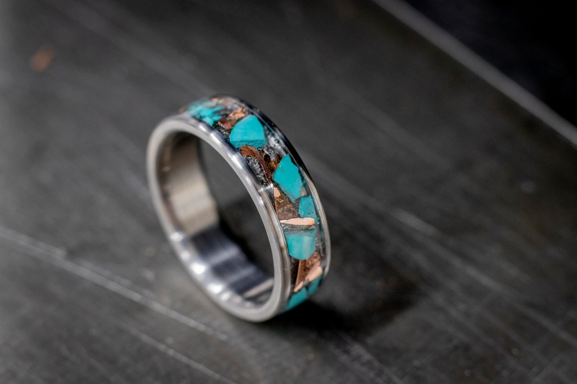 Turquoise and Copper Titanium Ring | Etsy
