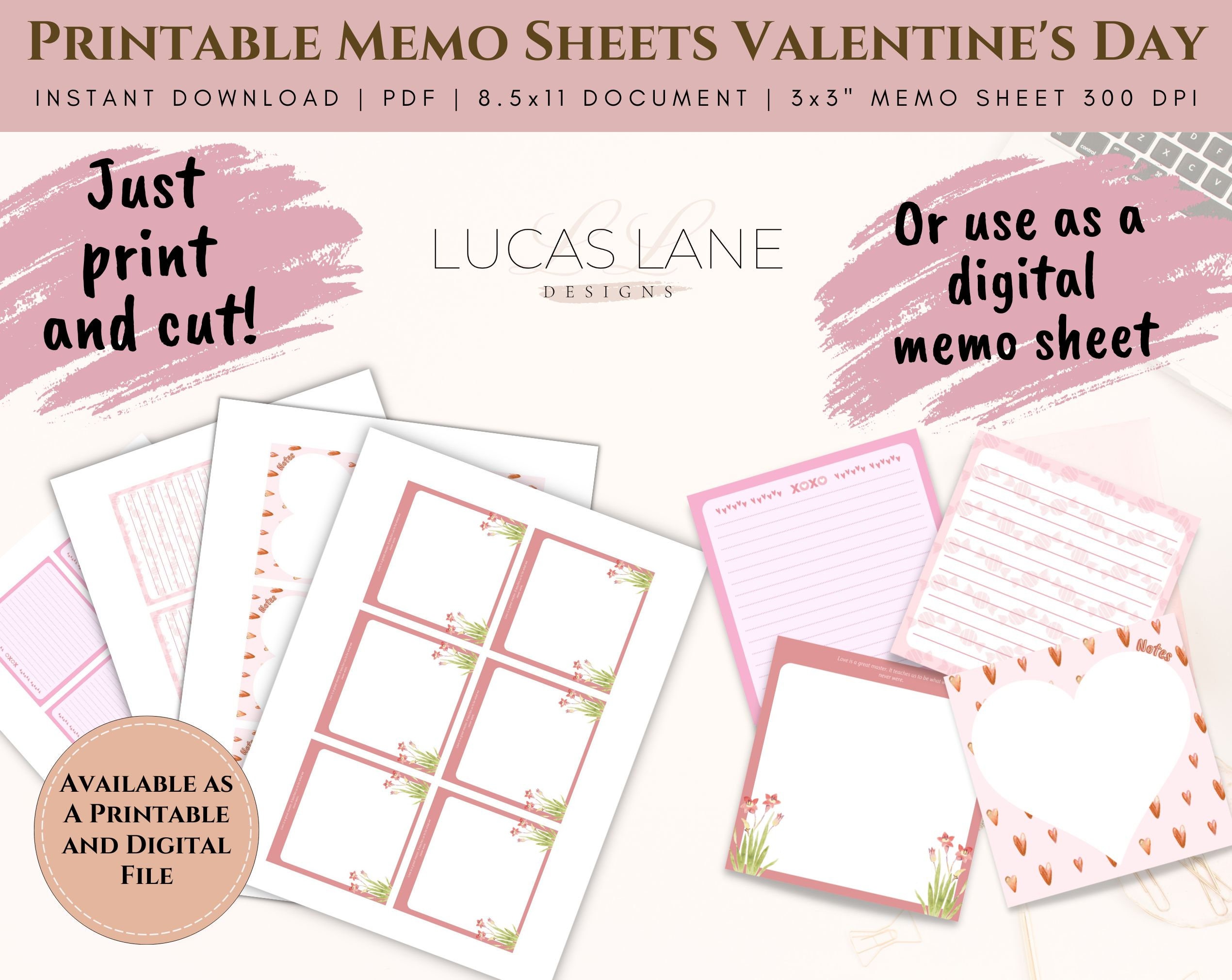Printable Memo Sheets Valentine's Day Theme, Printable Memo Pads for ...