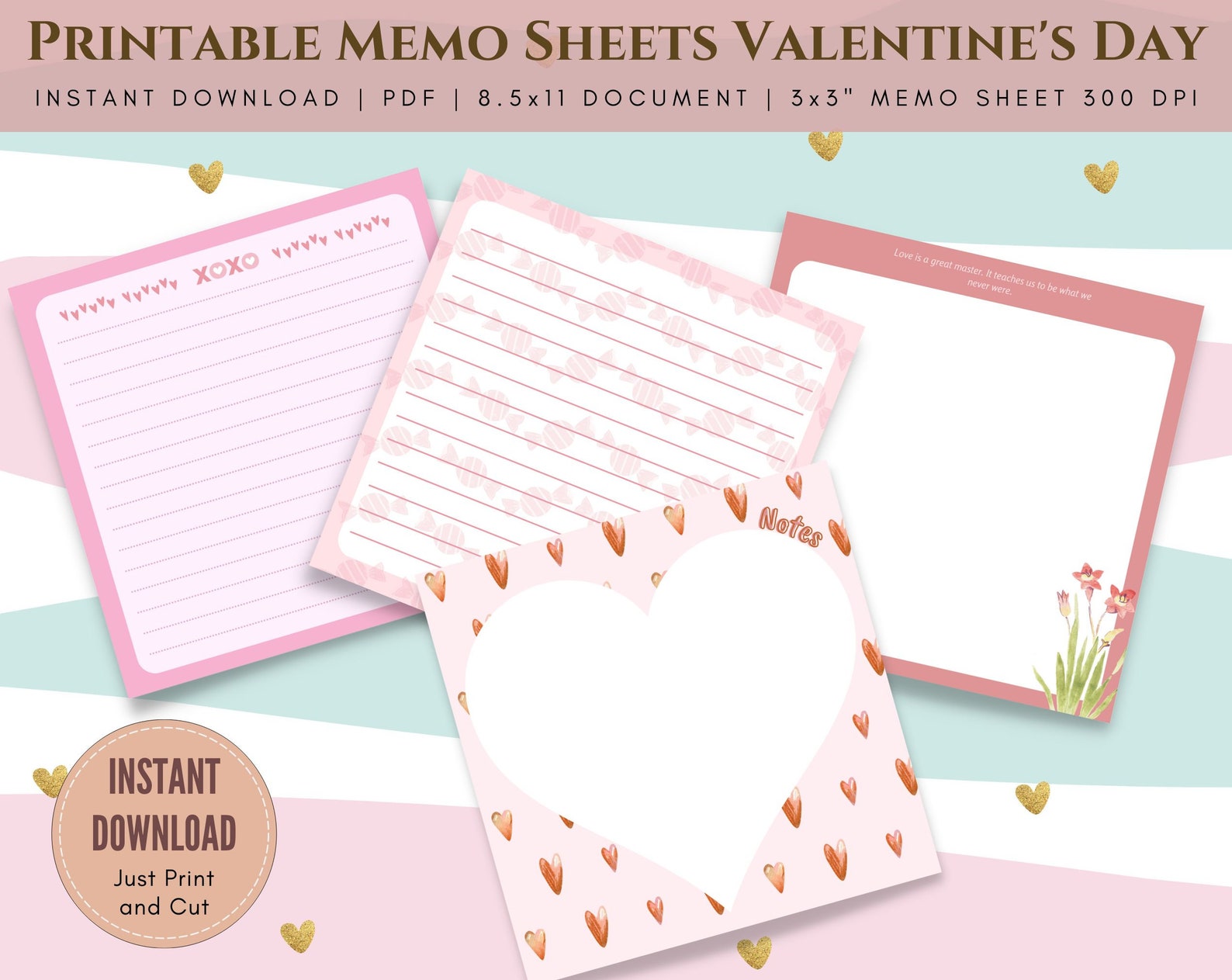 Printable Memo Sheets Valentine's Day Theme, Printable Memo Pads for ...