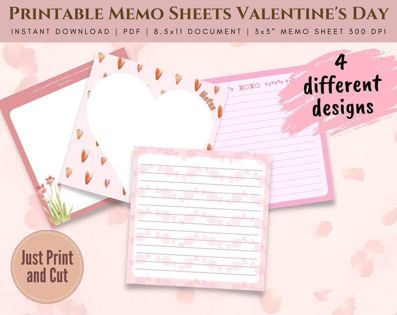 Printable Memo Sheets Valentine's Day Theme, Printable Memo Pads for ...