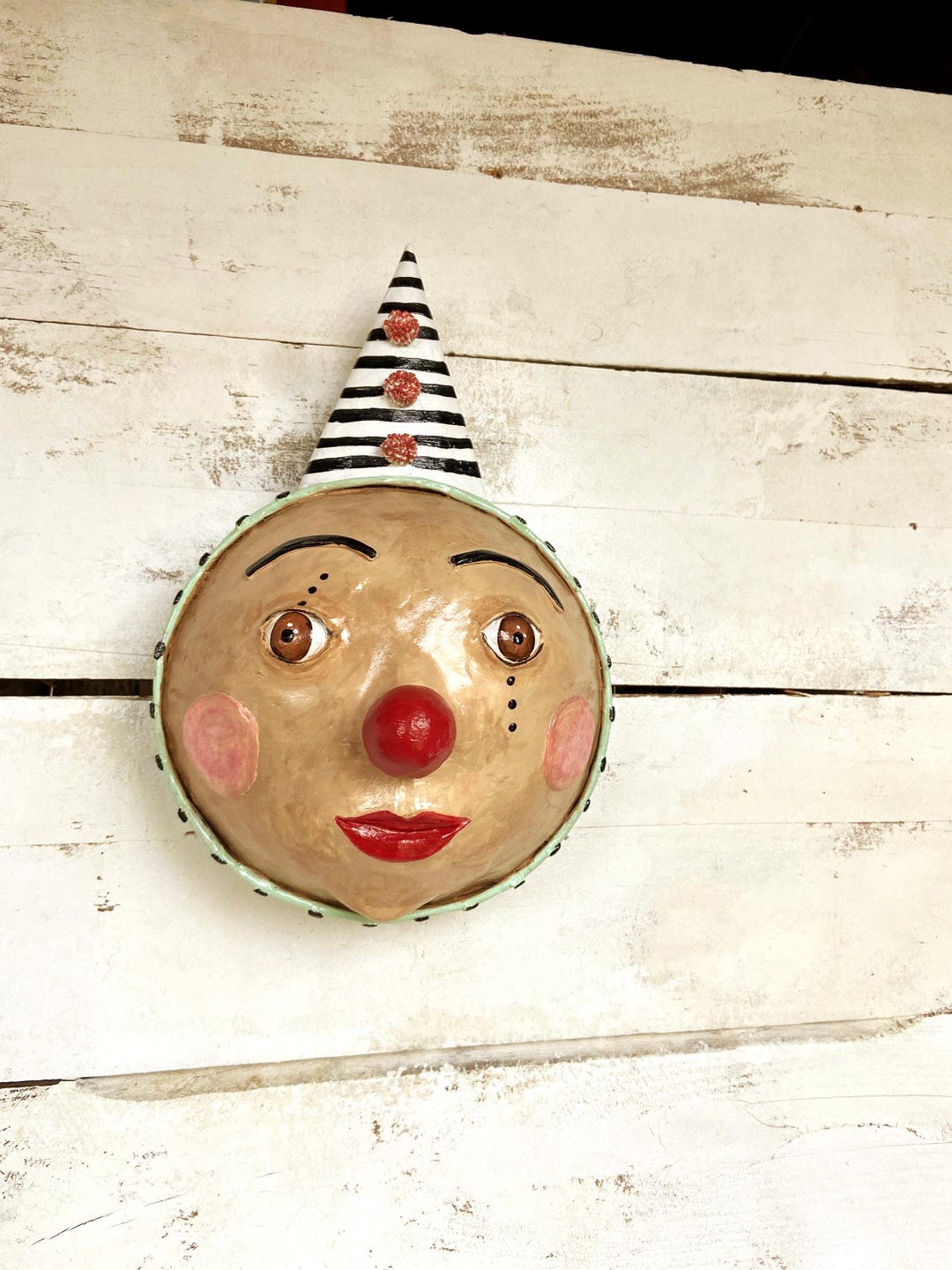 Colorful Handmade Clown Mask: Unique Paper Mache Wall Art, Expressive ...