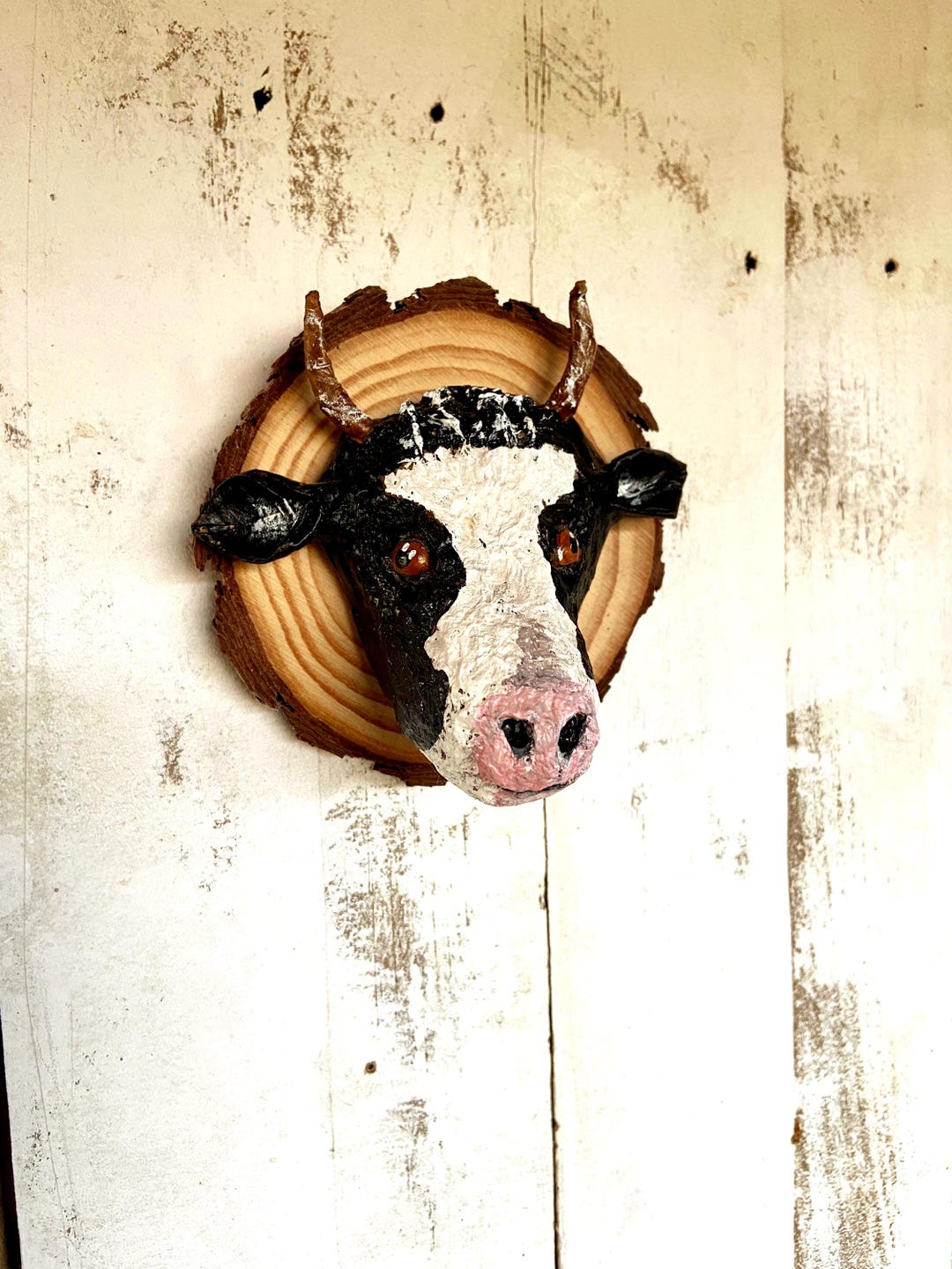 Miniature Paper Mache Cow Head Wall Decor: Faux Taxidermy Sculpture ...