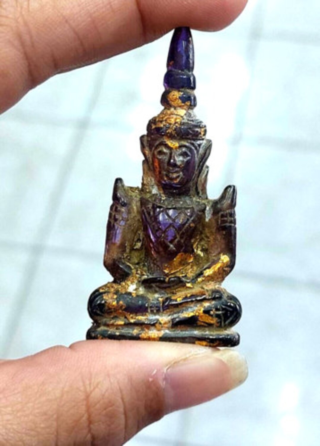 Antique Purple Naga Eye Gem Cave Crystal Meditation Royal Buddha Statue ...