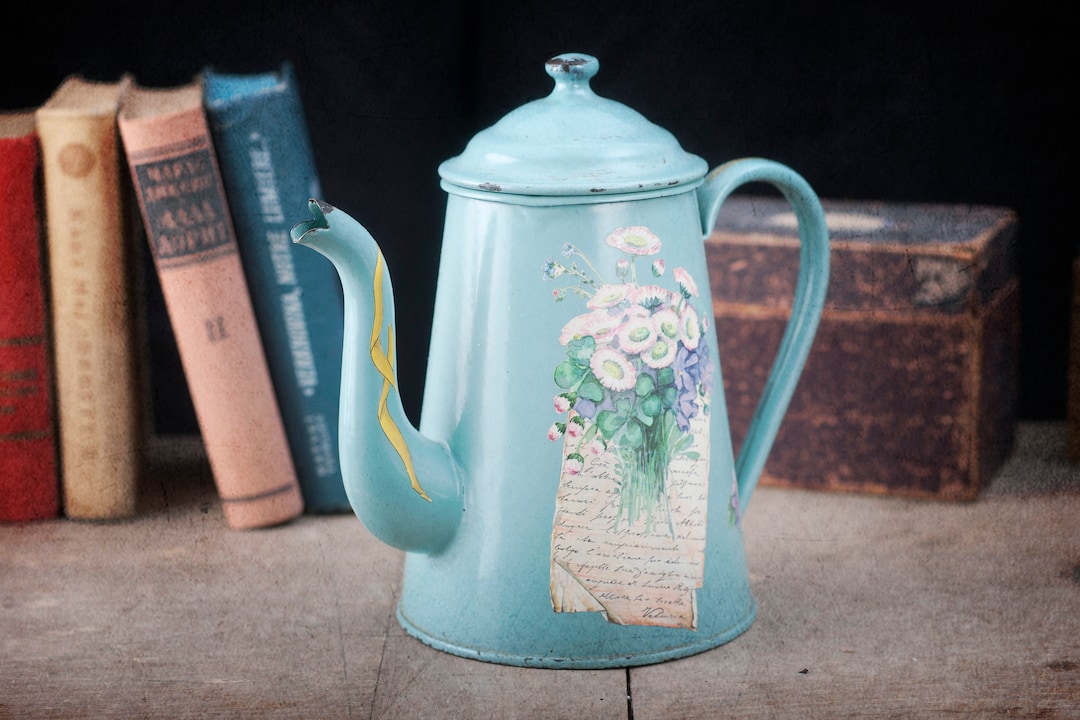 Vintage Blue Enameled Sheet Metal Coffee Maker, Embossed Enameled Décor ...