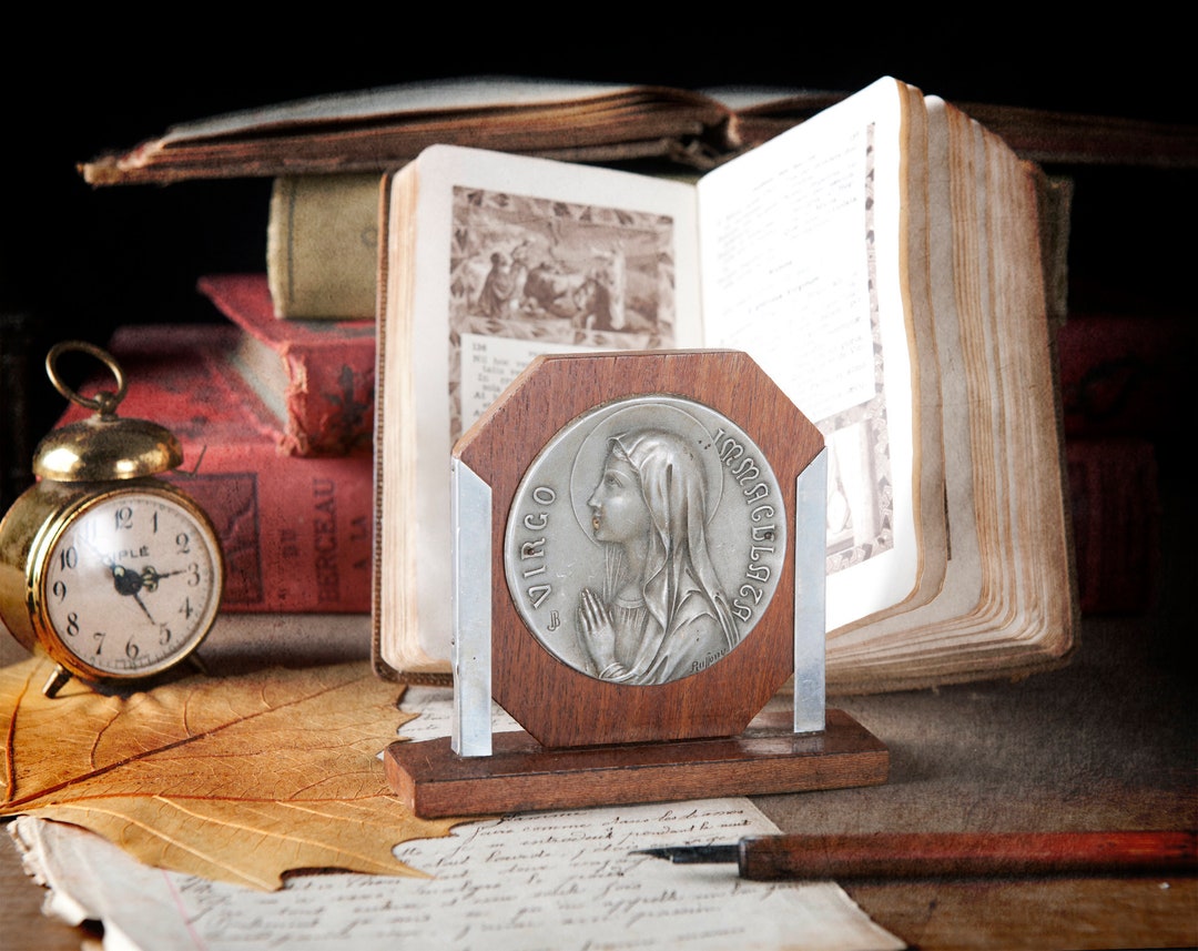 Virgin Mary Wooden Stand With Plaque, Religious Souvenir Item, Vintage ...