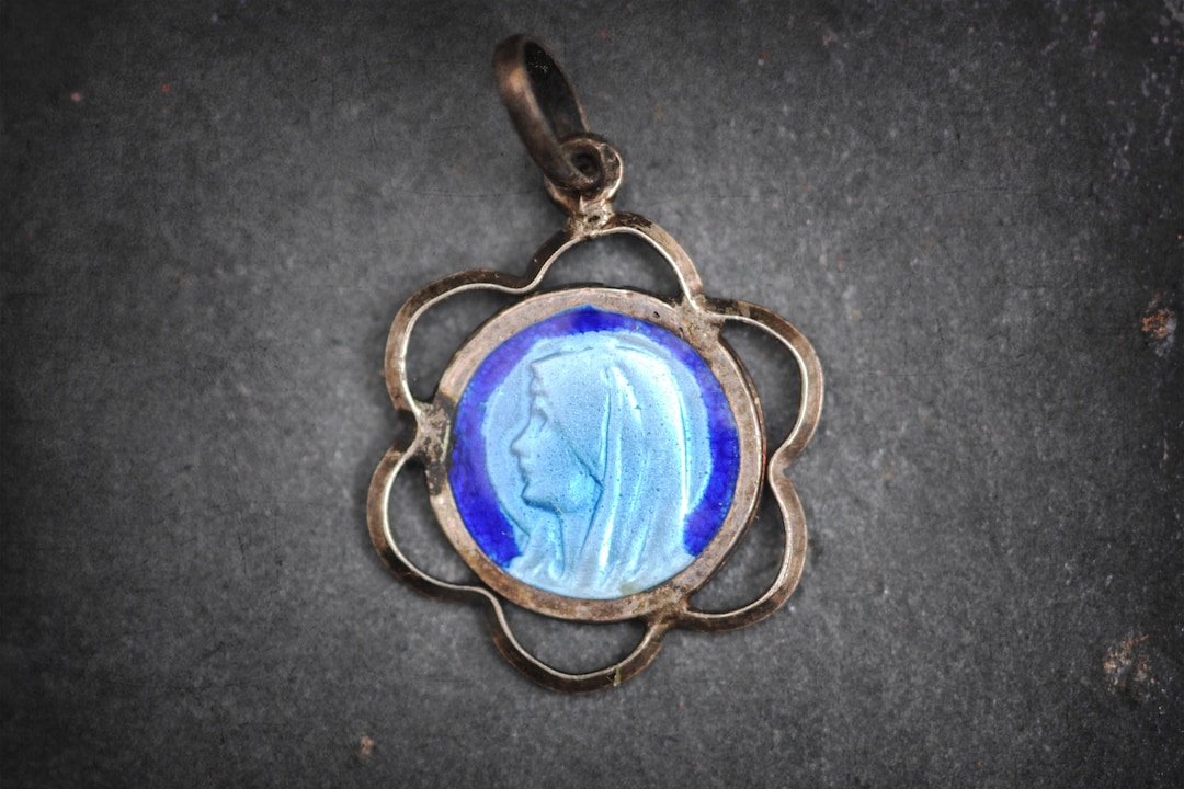 Small Blue Enameled Virgin Mary Medal, Apparition in Lourdes, Catholic ...