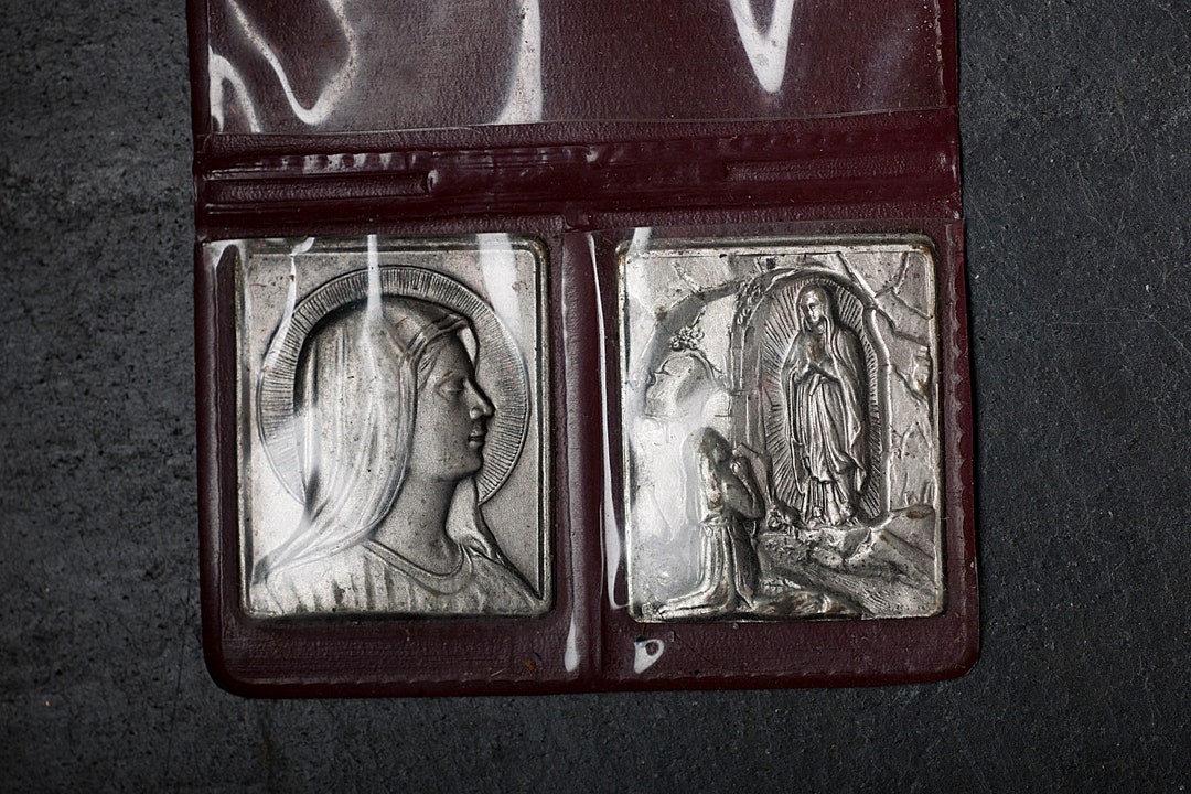 Vintage Prayer Tin Icons, Virgin Mary and Our Lady of Lourdes, Pocket ...