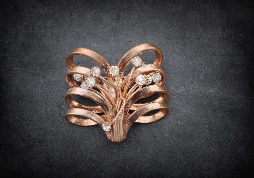 Vintage Copper Brooch White Floral Decor, White Strass Rhinestones ...