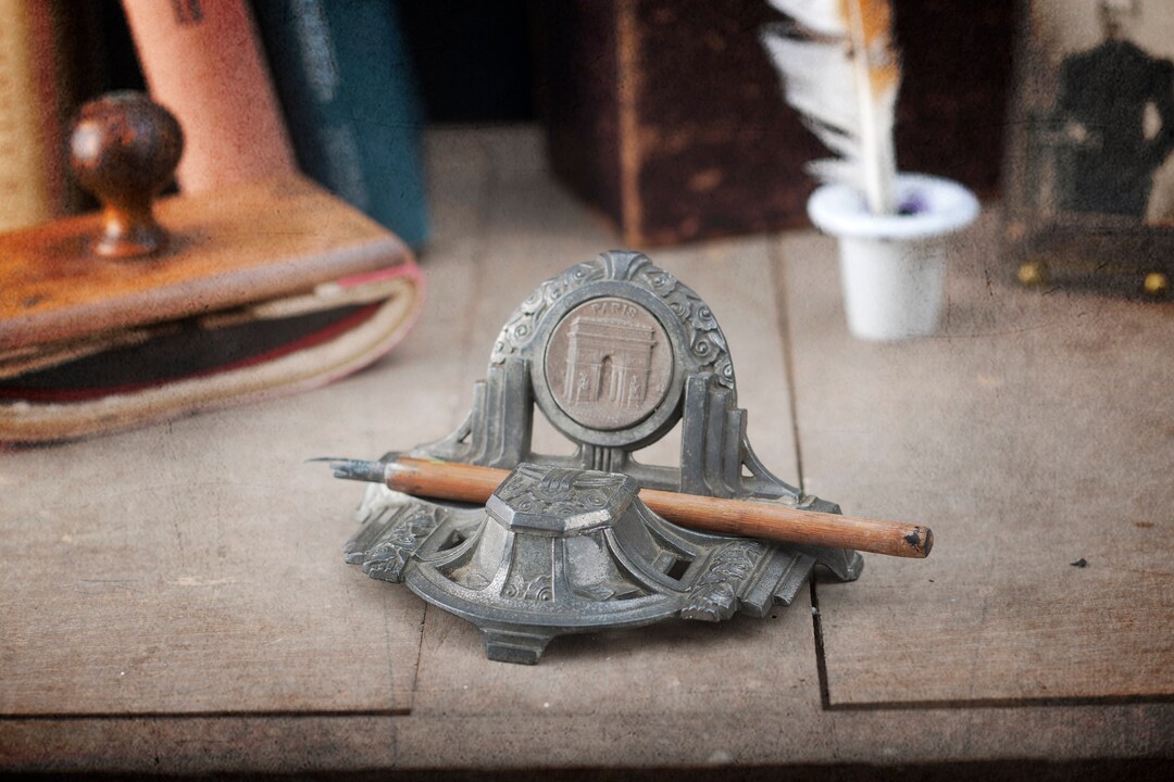 Antique Inkwell With Paris and Flower Decor, French Vintage Inkwell ...