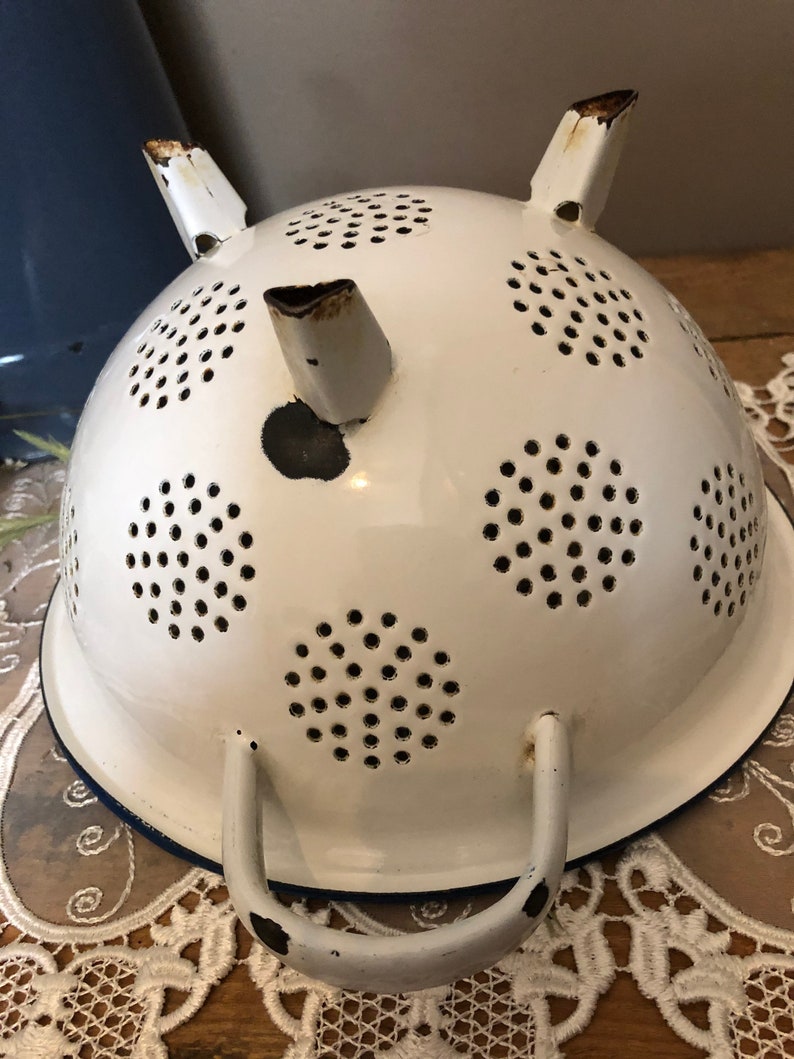 Vintage french white enamel colander enamelware sieve | Etsy