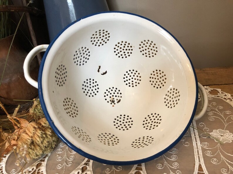 Vintage french white enamel colander enamelware sieve | Etsy
