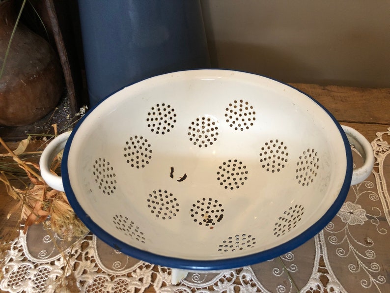 Vintage french white enamel colander enamelware sieve | Etsy