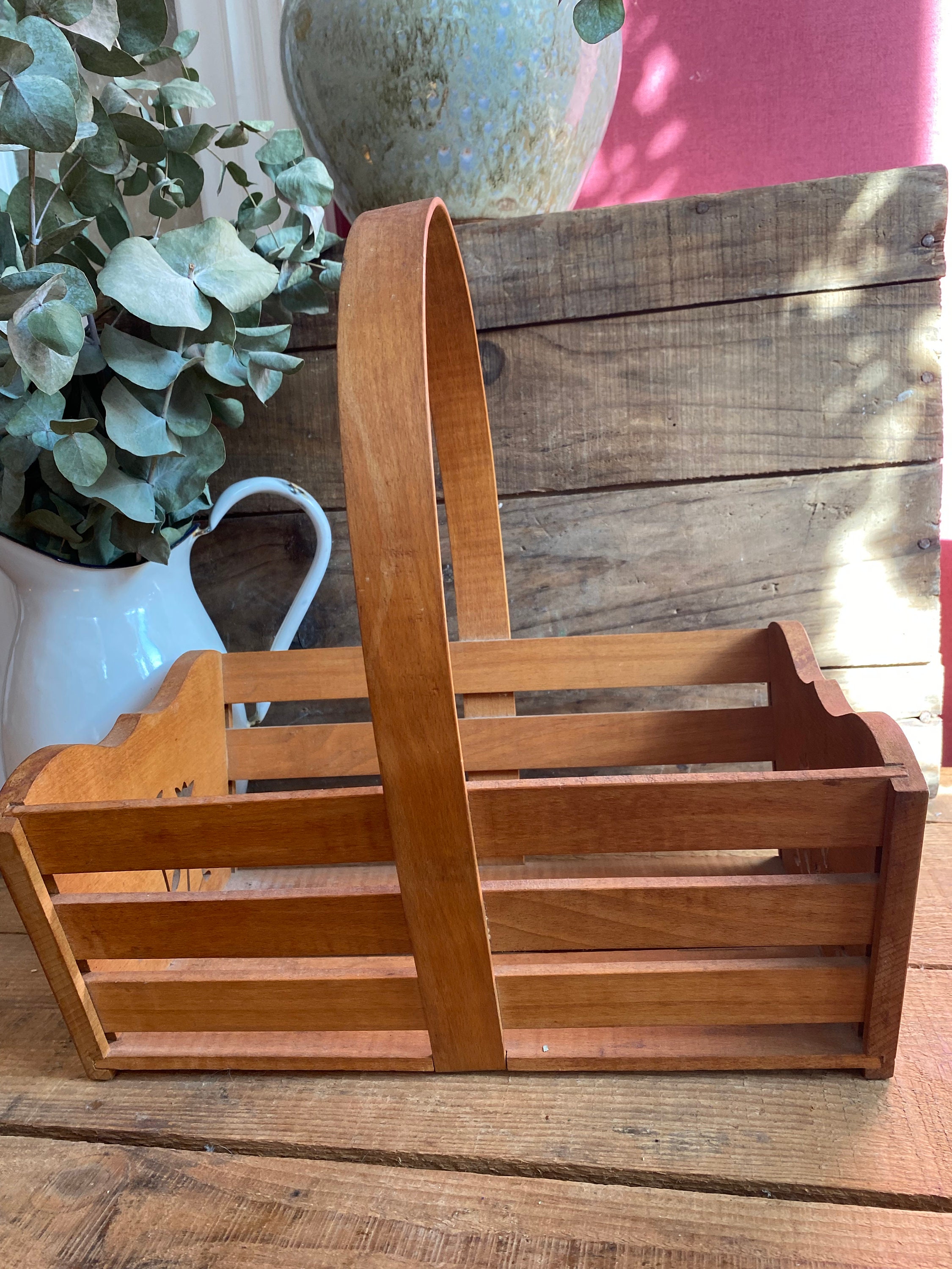 French Wooden Basket With Handle, Vintage Centerpiece Basket French Wooden Basket With Handle, Vintage Centerpiece Basket