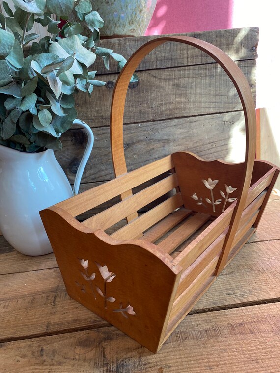 French Wooden Basket With Handle, Vintage Centerpiece Basket French Wooden Basket With Handle, Vintage Centerpiece Basket