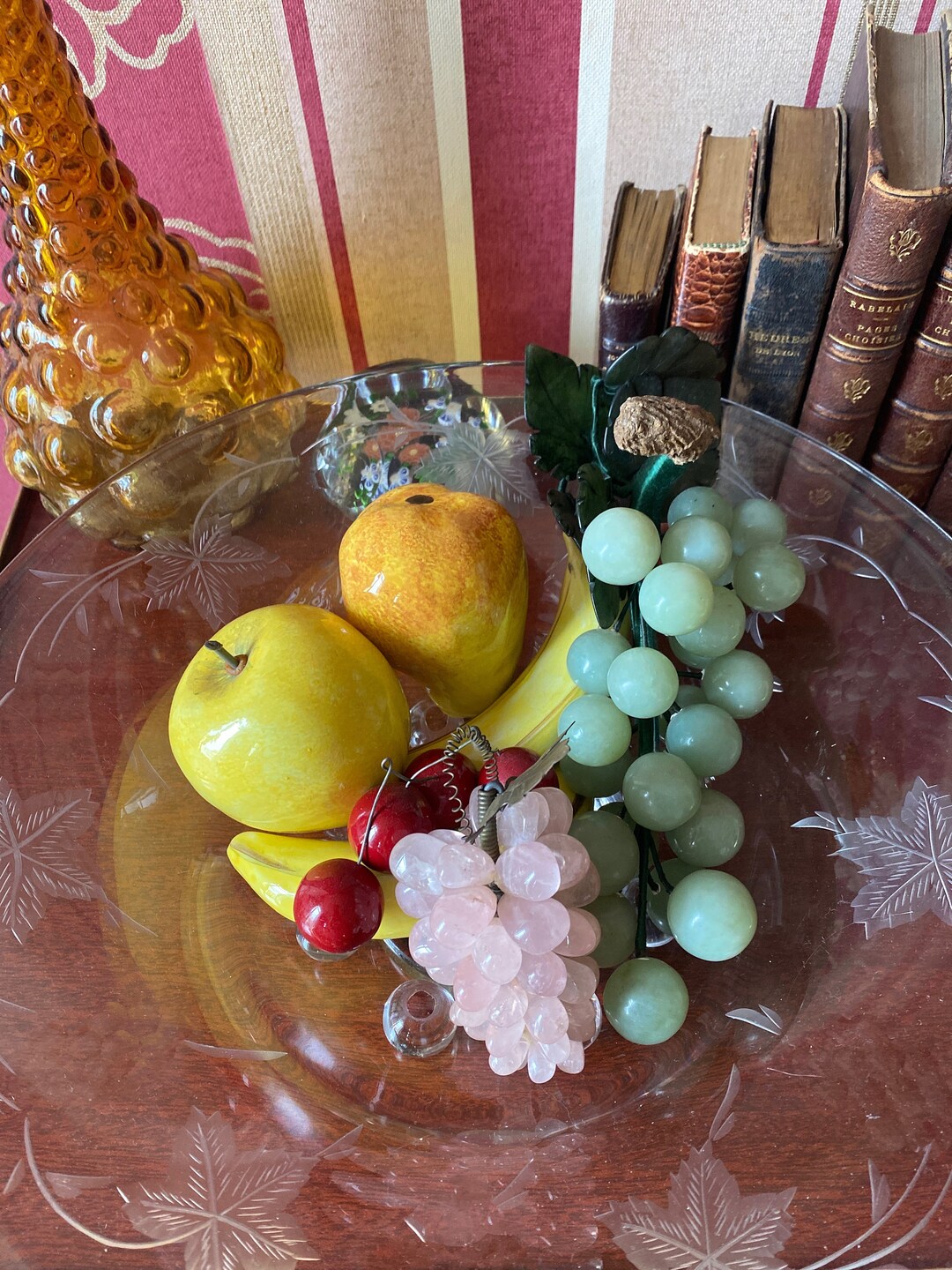 Gemstone Grapes, Rose Quartz and Multi Stone, Vintage Fruit Decor ...