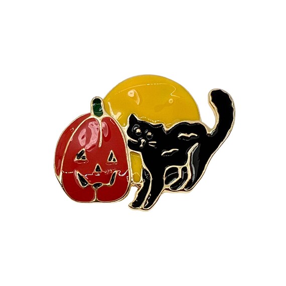 Black Cat Pin / Halloween Jewelry Pumpkin / Moon - Gem