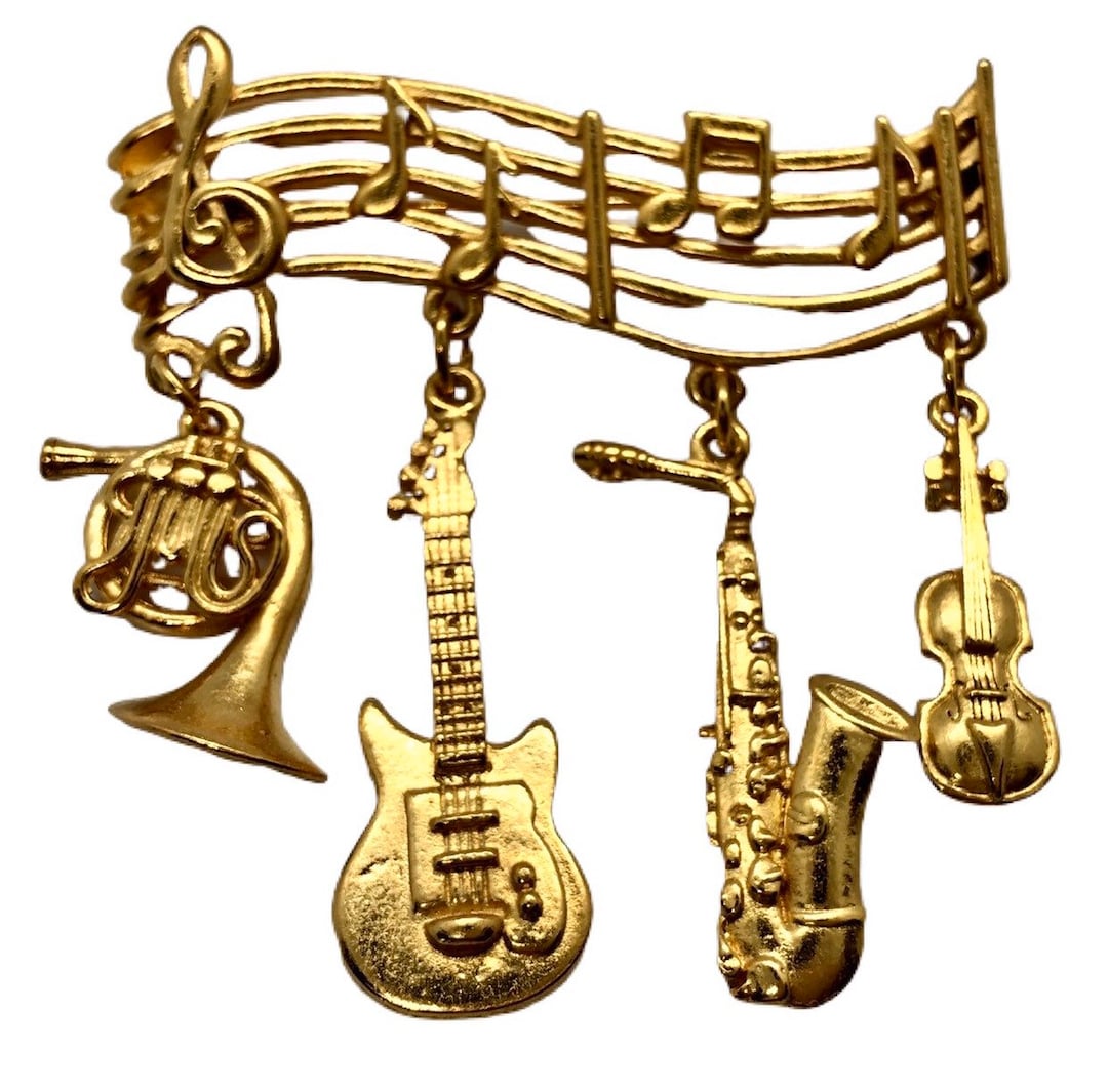 Musical Instruments Brooch - Vintage - Guitar, Saxaphone, Violin & Tuba ...