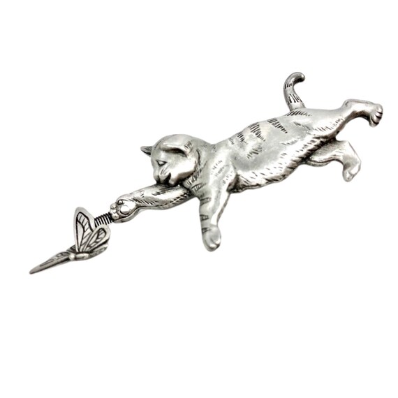 Kitty Cat Brooch / Chasing Butterfly Pin - Pewter Cat… - Gem
