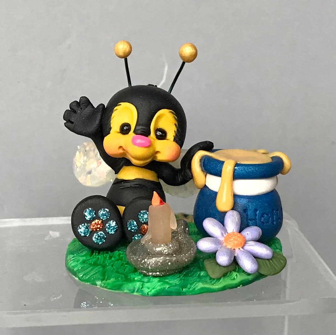 Bumble Bee W/ Honey Pot & Candle Polymer Clay Honey Bee Figurine ...