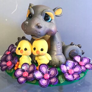 Hippopotamus W/ Baby Chicks- Polymer Clay Hippo Figurine - Sculpted ...